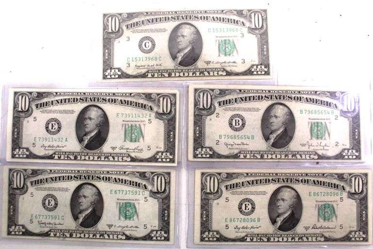 Complete Set Of AU / UNC 1950 Federal Reserve $10 Notes: 1950, 1950A ...