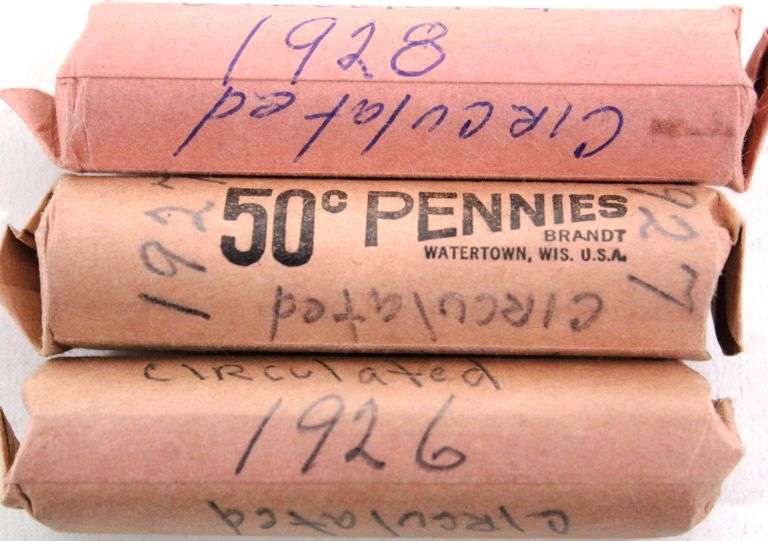 Three Rolls of US Pennies. 1920, 1926, and 1927. 150 Coins Total ...