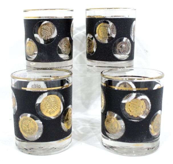 Libbey Glass Vintage MCM Black & Textured Gold Coin Drinkware Barware ...