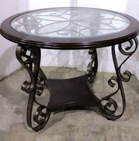 Metal Scroll Work and Wood Base Glass Top Dining Table - 36 x 48 ...