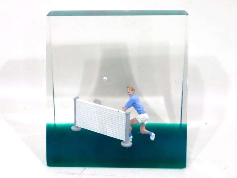 Vintage 1950s Clearfloat Lucite "Tennis Player" Cube Paperweight Made ...