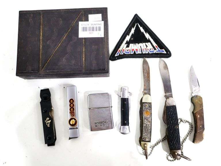 Vintage Wood Box with - Ronson Wind II Lighter, Triumph Patch and ...