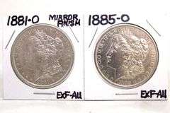 1881-O Morgan Silver Dollar, Mirror Finish, Marked EXF-AU; 1885-O ...