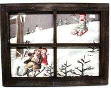 Children Sleigh Riding in 4-Lite Window Frame - 12 x 16 - Bunting ...