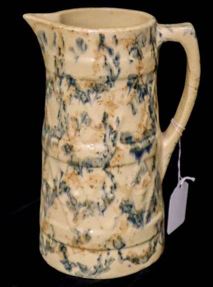 Antique Spongeware Stoneware Pitcher - 9.5" x 4" - Bunting Online Auctions
