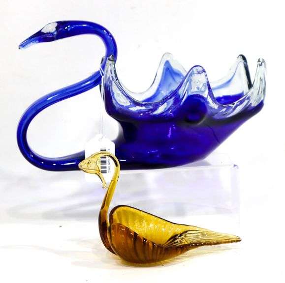 Vintage Colony Amber Art Glass Swan Bowl - and - Cobalt Blue Art Glass ...