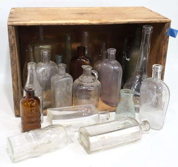 Wood Crate and Very Nice Collection of Vintage Bottles - Some with ...