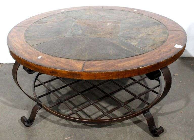 Wood Framed Slate Top Sculptured Metal Base Centerpiece Table - 19 x 42 ...