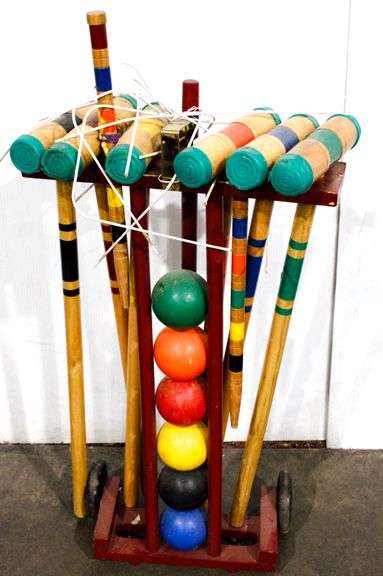 Vintage Croquet Set with Wooden Rolling Rack - Bunting Online Auctions