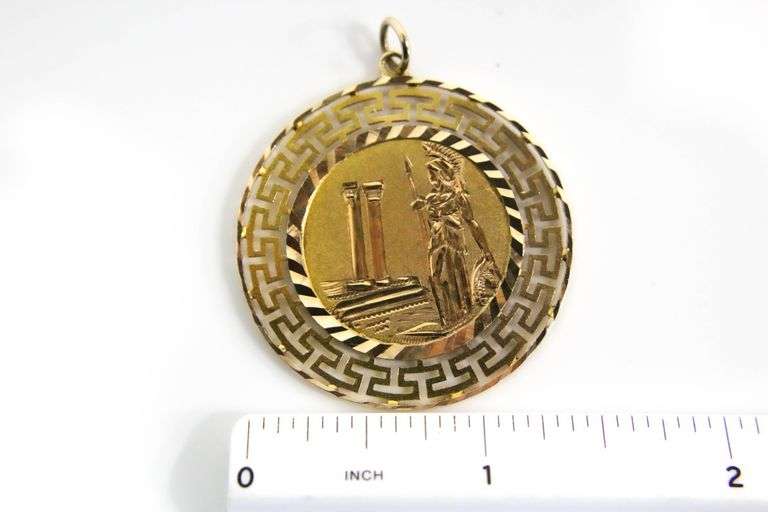 14 KT Gold Medallion, Greek key surround, one side is the Pantheon and ...