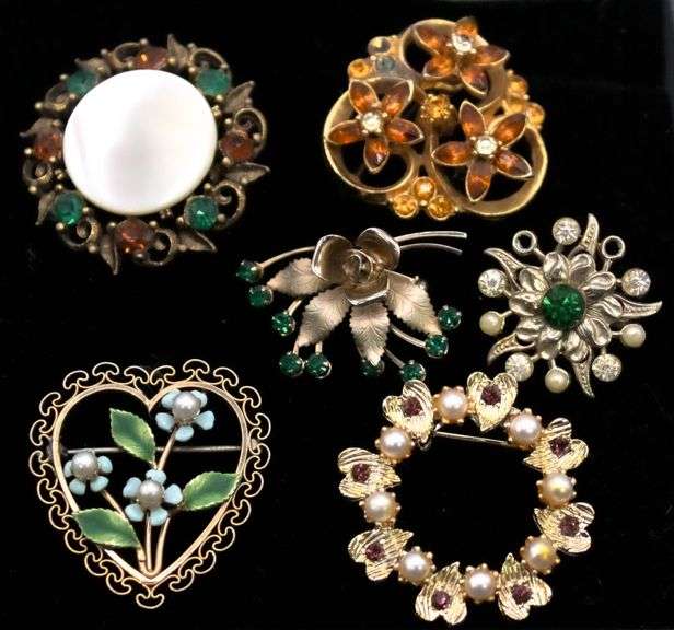 Vintage Brooch Collection with Colored Rhinestones, Mother of Pearl ...