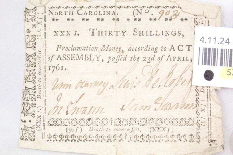 1761 North Carolina Colonial 30 shillings Note. Dated April 23 ,FR ...