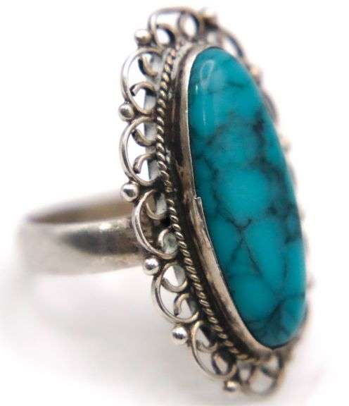 Taxco Turquoise and Sterling Silver Navette Ring. Marked with the Taxco ...