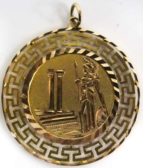 14 KT Gold Medallion, Greek key surround, one side is the Pantheon and ...