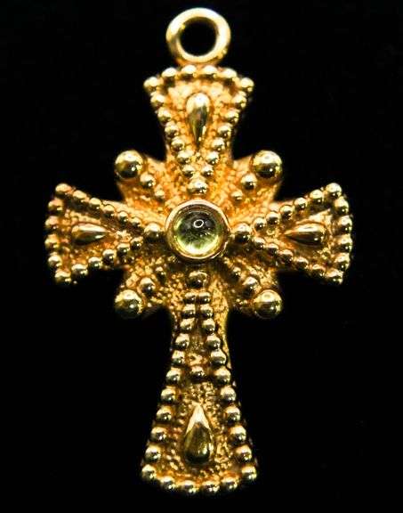 14 KT Gold and Peridot Cabochon Cross Pendant. 2.6g - Bunting Online ...