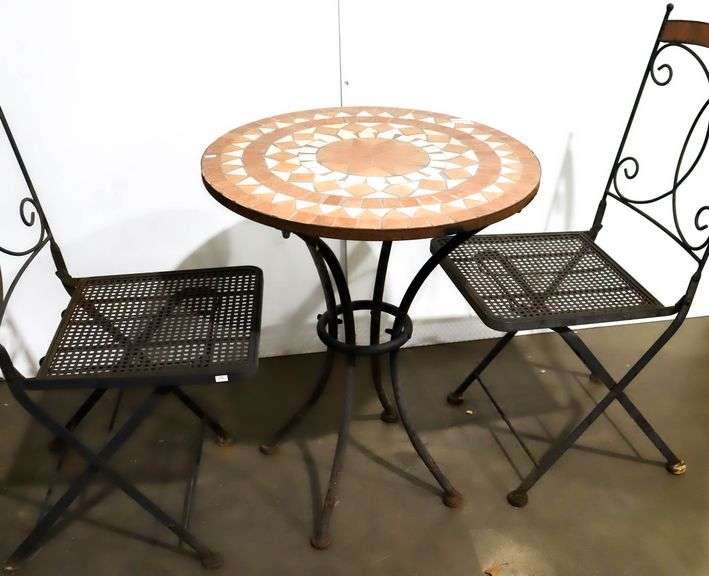 Mosaic Tile Top Bistro Table and Two Chairs - Bunting Online Auctions