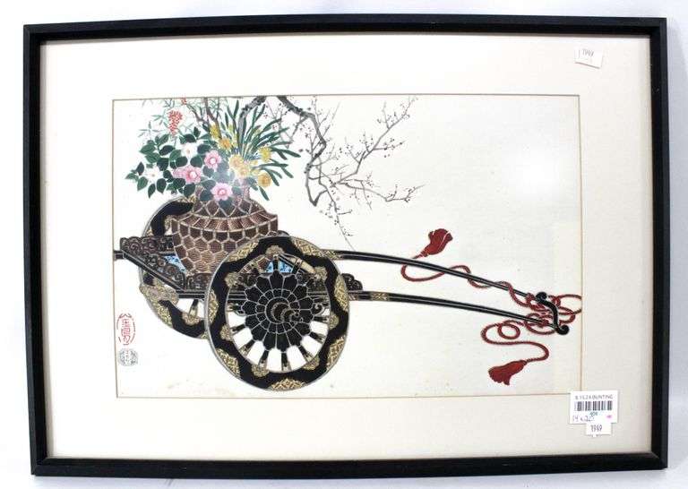 Vintage Print of Japanese Rickshaw with Flowers, Signed in Calligraphy ...