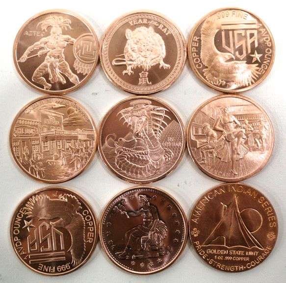USA 1 oz pure copper rounds , 9 items - Bunting Online Auctions