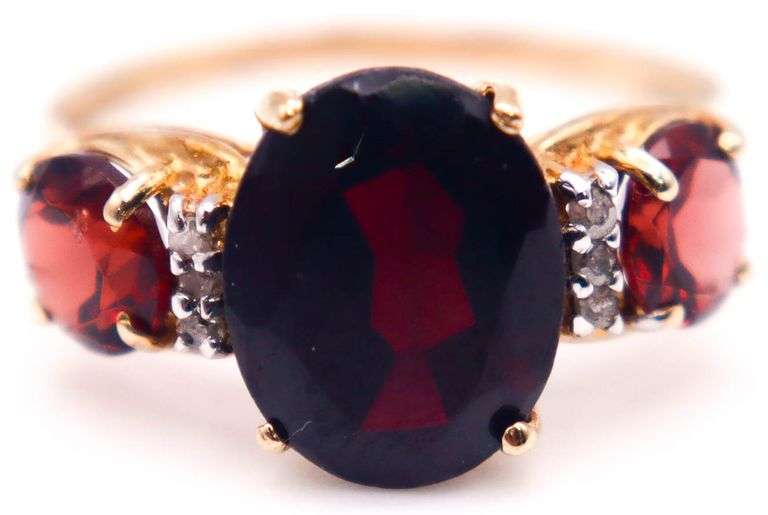 10 KT Gold Ring set with with 3 Garnets accented with Diamonds (both ...
