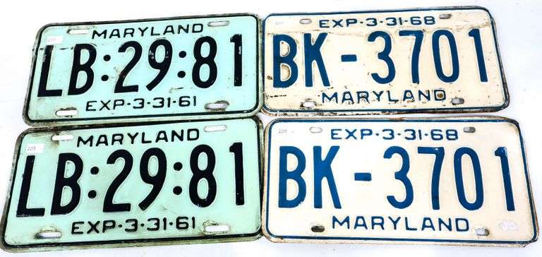 Vintage 1961 and 1968 Maryland License Plates - Two Pair - Bunting ...