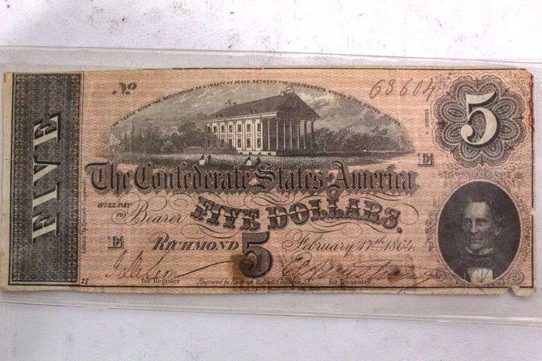 Confederate $5 bill , Type 69 , Dated February 17th 1864 # 63604 ...