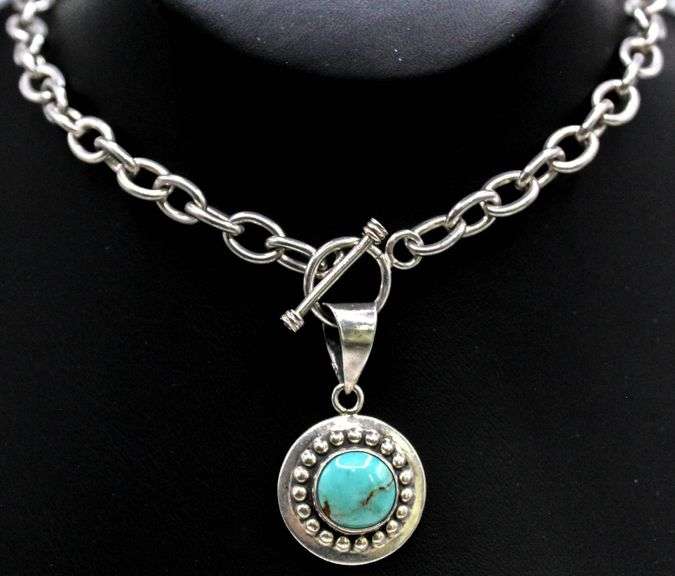 Taxco Sterling Silver and Turquoise Necklace and Pendant, 16". (47.8 ...