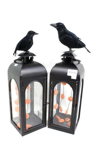 Spooky Crow Black Lantern with Pumpkin. 5"x5"x19" - Bunting Online Auctions