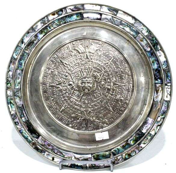 Mexican Alpaca Silver Aztec Mayan Abalone Shell Calendar Plate. Makers ...