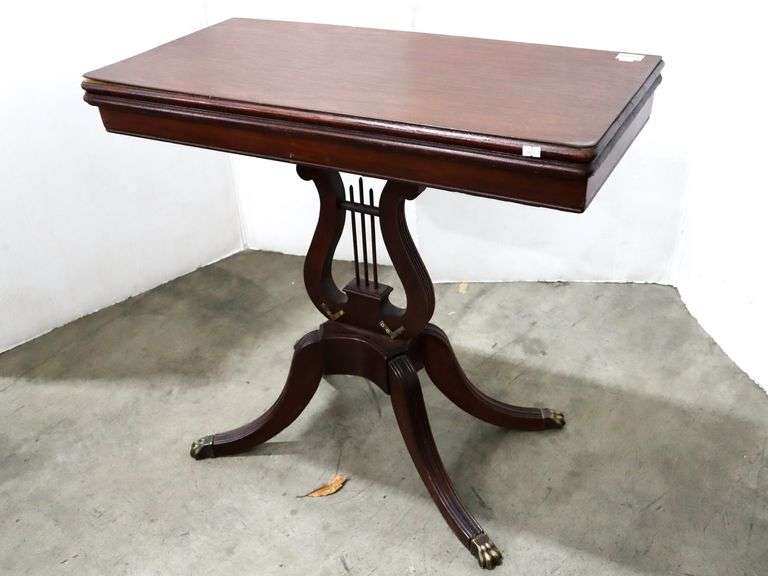 Victorian Lyre Base Flip Fold Top Game Table with Storage Compartment ...