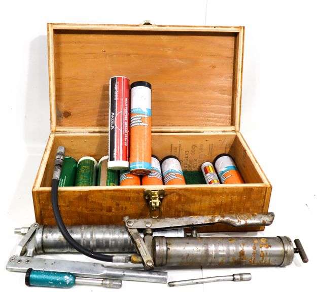 Grease Guns with Grease Cartridges in Wood Box - Bunting Online Auctions