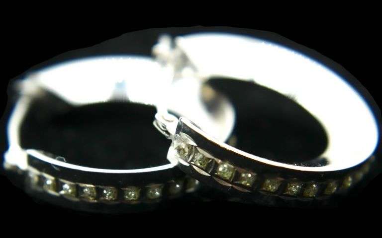 14 KT white Gold hoop Earrings, snap bar closure. - Bunting Online Auctions