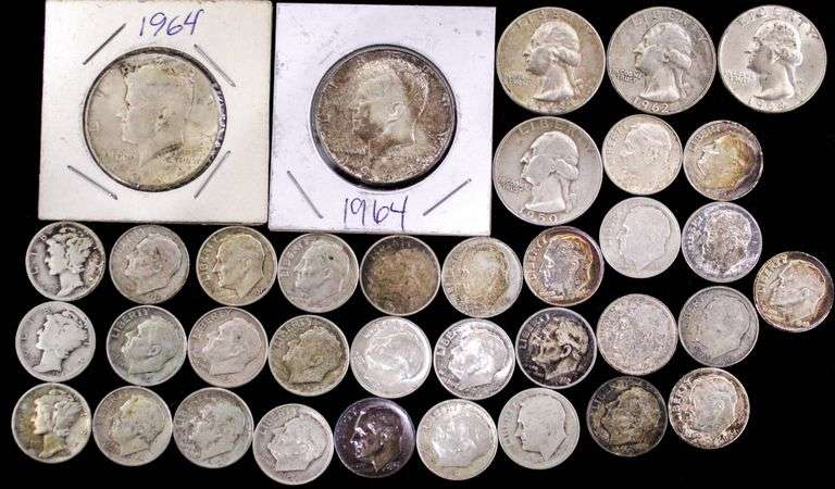 Collection of Silver Coins, 4 Quarters, 30 Dimes, 2 Half Dollars. $5 ...