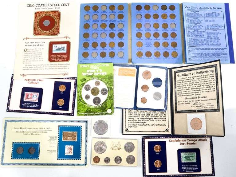 Forign coins , Lincoln Pennies and US Stamp commemoratives - Bunting ...