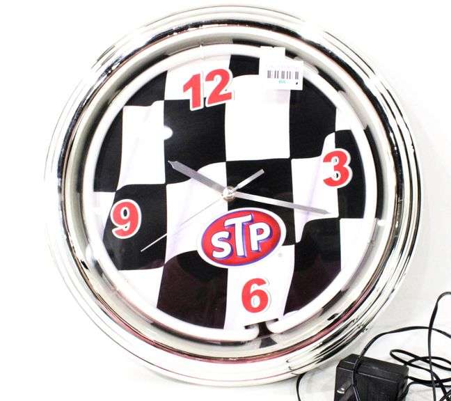 Vintage STP Checkered Flag Background Blue Neon Clock - Bunting Online ...