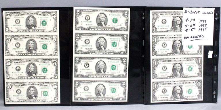 3 Uncut Sheets of US Currency. Includes $1 1999 Notes, $2 1995 Notes ...