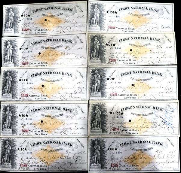 1881 New York Bank Checks. 10 Total - Bunting Online Auctions
