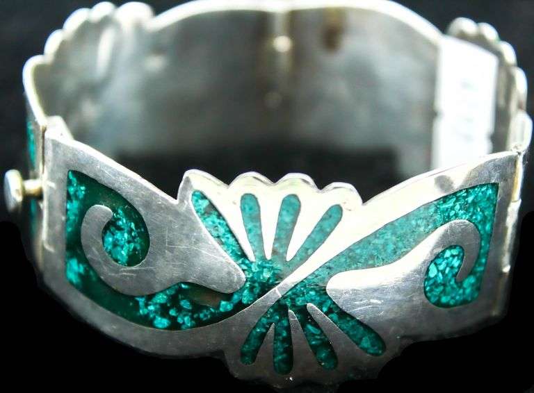 Taxco, Sterling Silver, Turquoise inlay, hinged, Bracelet with box ...