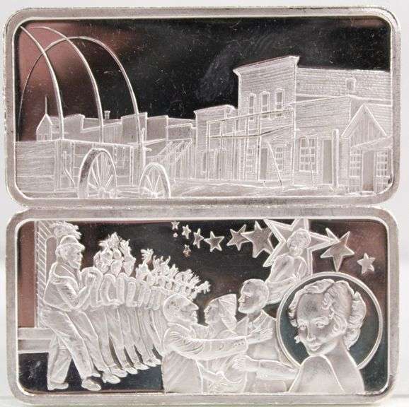 .999 Silver 1 OZ Art Bars, "Ghost Town" and "Broadway" by Hamilton Mint ...
