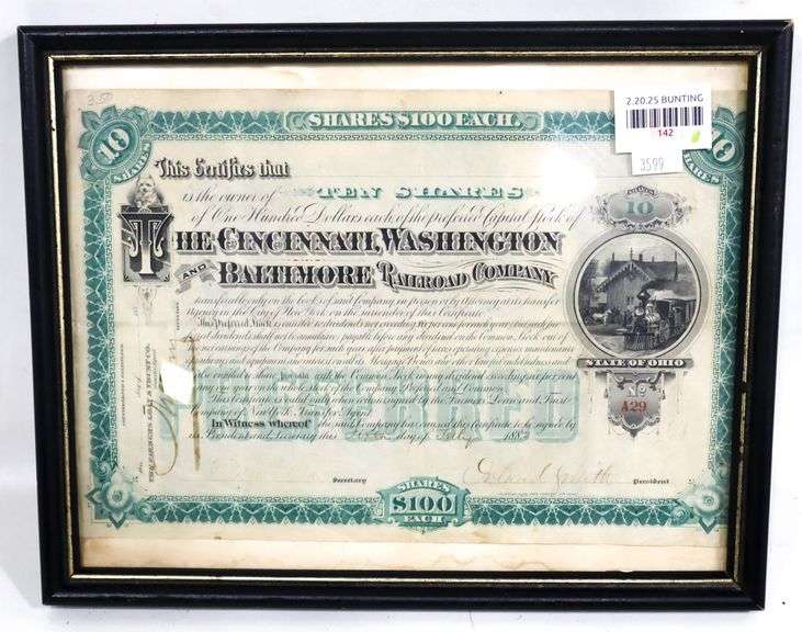 Antique 1883 Cincinnati Washington & Baltimore Railroad Company $100 ...