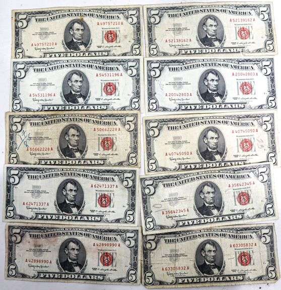 Red Seal Five Dollar Bills 1953 - 1963. Ten items. - Bunting Online ...