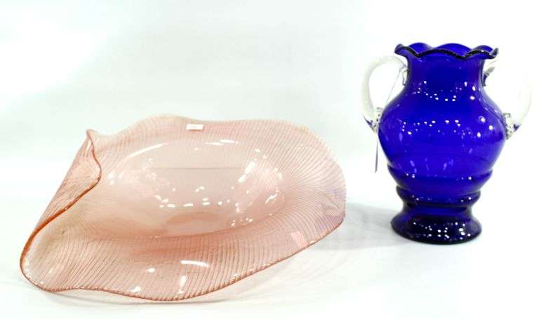 Pink Swirl Soft Lines Folded Art Glass Center Bowl -and- Cobalt Blue ...
