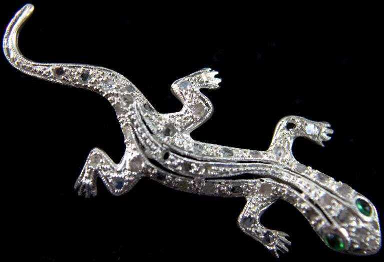 Diamond, Emerald (both tested), and Sterling Silver Lizard Brooch ...