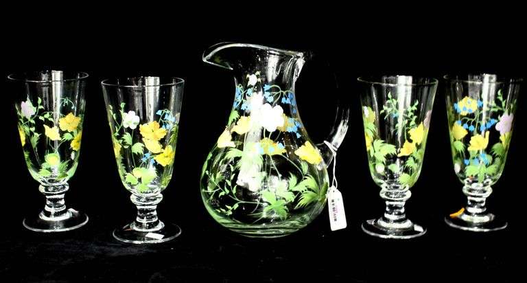 Vintage Oneida Glassware Floral Pitcher and Stemware - Bunting Online ...