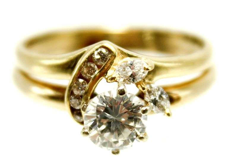 14 KT Gold Diamond Engagement and attached Wedding Ring, size 7. (4 gm ...