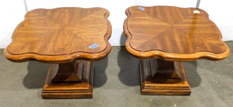 Book Match Veneer Top Pedestal Base Side Tables - Pair - 16 x 21 x 21 ...
