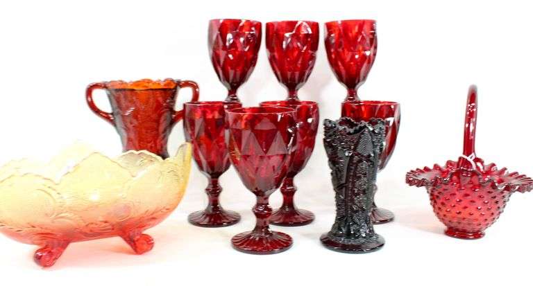 Fenton Colonial Ruby Red Hobnail Handle Basket - and - L.E. Smith ...