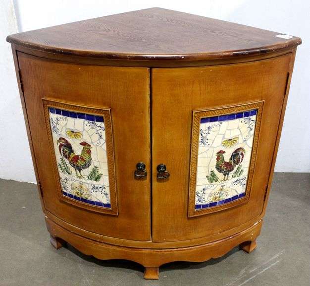 Mosaic Rooster Inlay Art Deco 2-Door Corner Cabinet - 30 x 22 x 22 ...