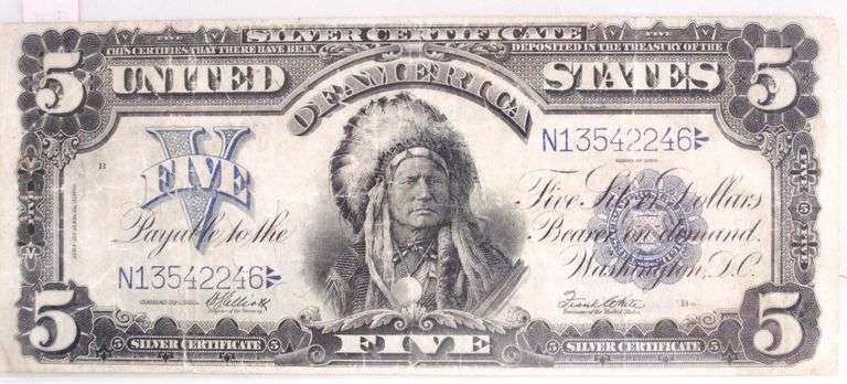 1899 $5 Silver Certificate , Large "horse blanket " Note , Only issue ...