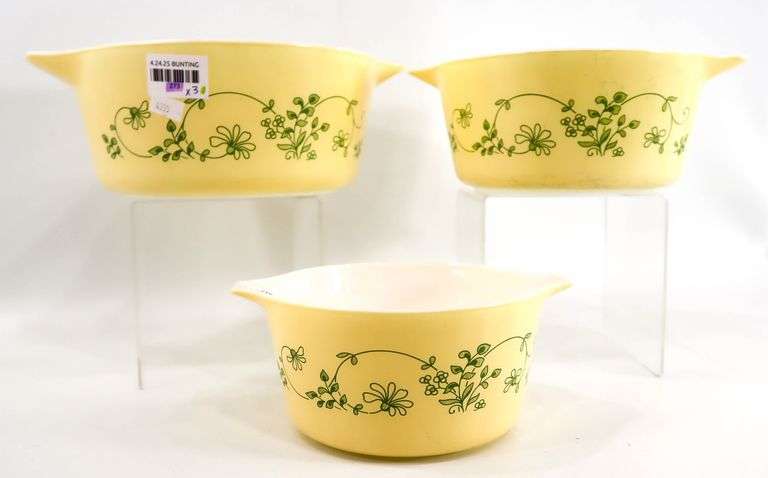 Pyrex Shenandoah Casserole Dishes. Yellow - Green - Bunting Online Auctions