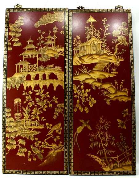 Chinoiserie Hand Painted Red and Gold Lacquered Wall Panels - 36 x 14 ...